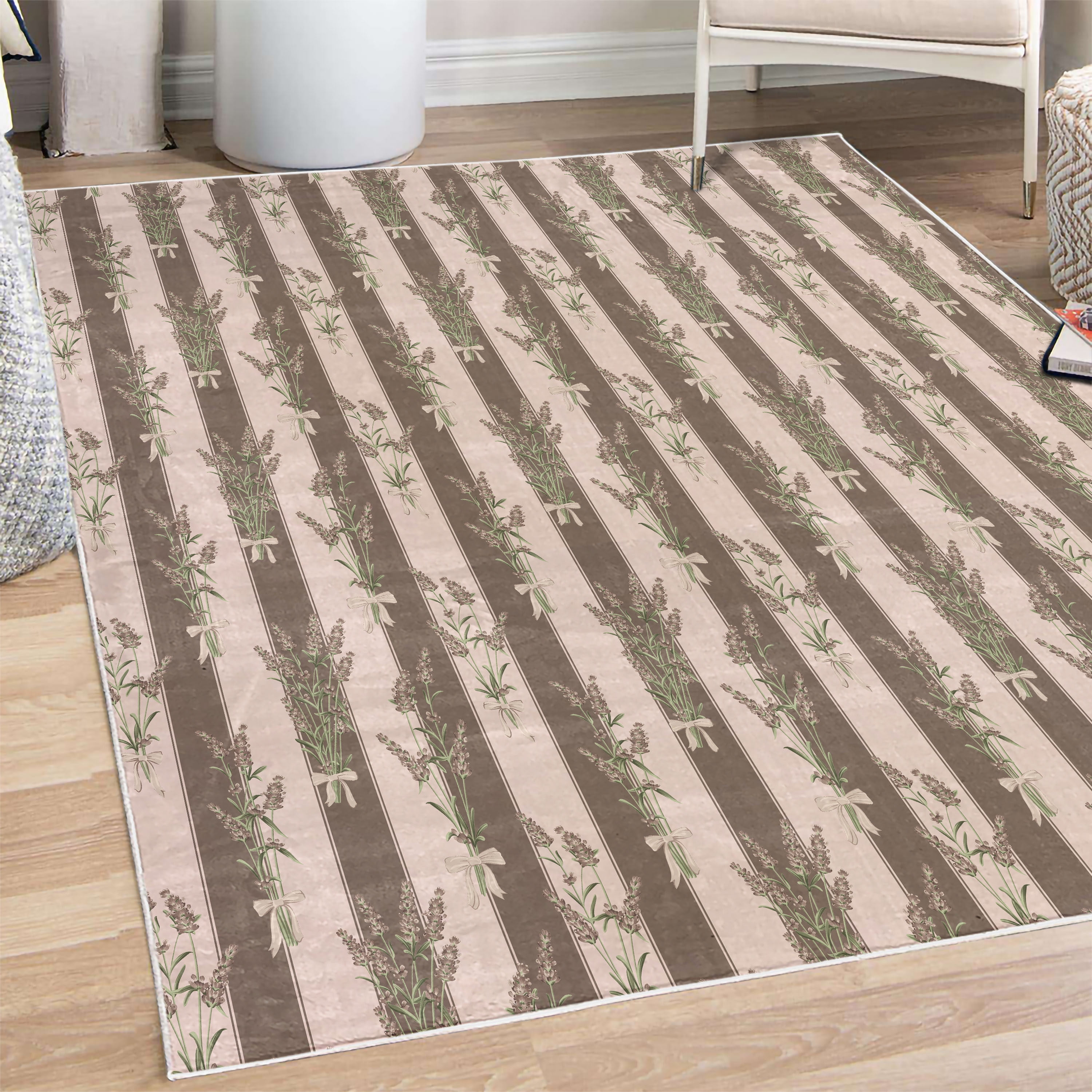 Lavender Decorative Rug, Stripes and Flowers Ribbons Romantic Country ...
