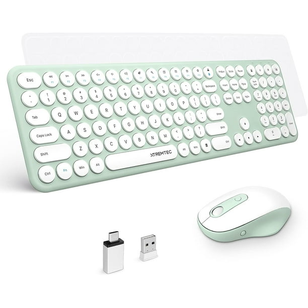 Wireless Keyboard and Mouse, XTREMTEC Cute Keyboard Retro Round Keycap ...