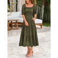 Army Green Womens Square Neck Puffed Sleeve Tiered A-Line Midi Dress ...