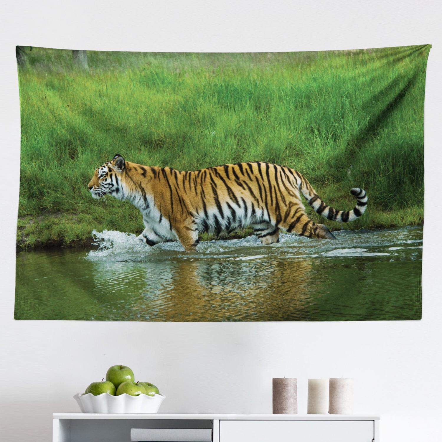 Safari Tapestry, White Tiger Setting on Stone Tropic Plants Leaves Wild ...