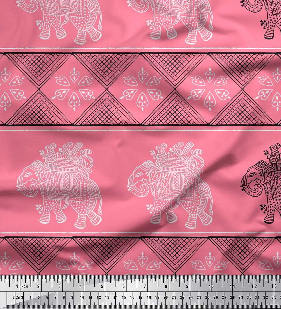 Soimoi Silk Fabric Floral & Elephant Block Print Fabric by The Yard 42 ...