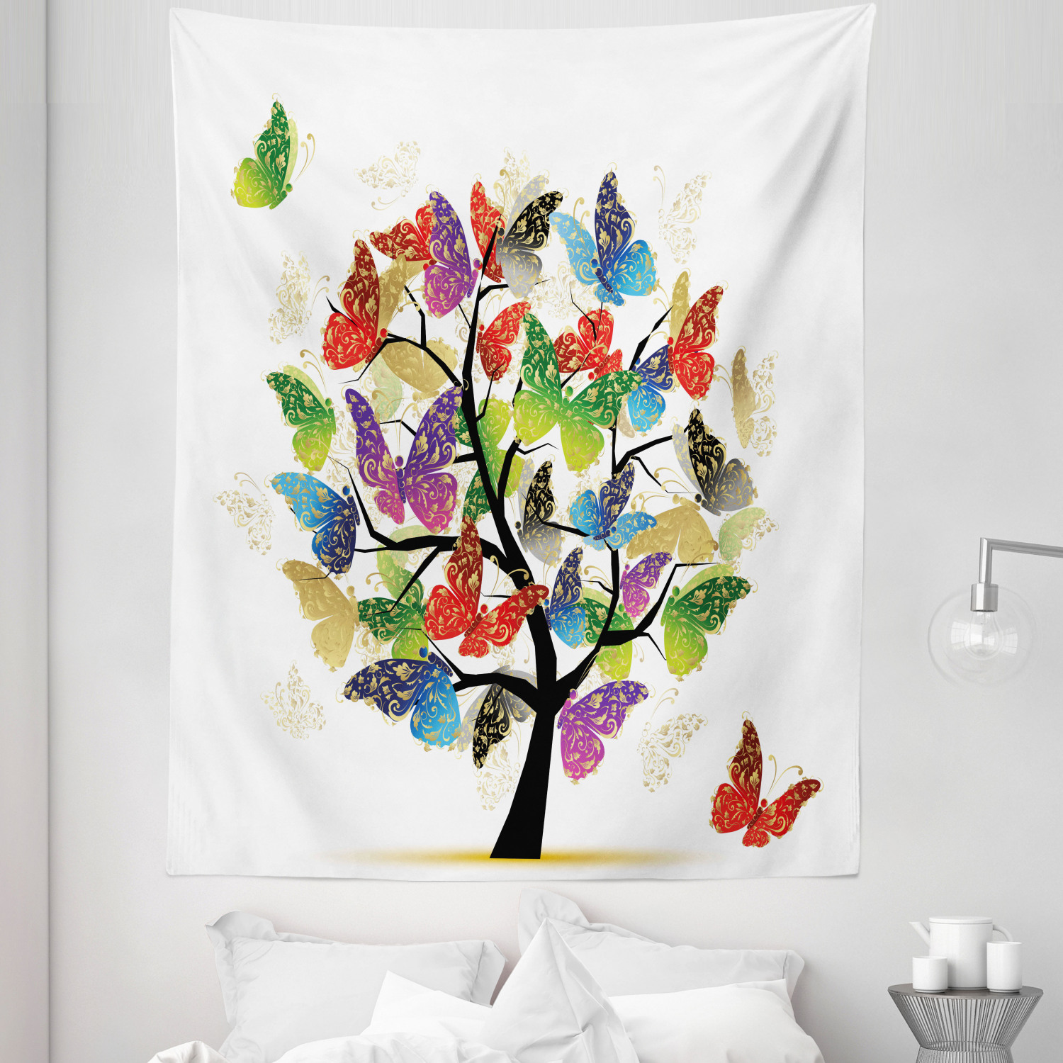 Colorful Tapestry, Nature Tree with Floral Butterflies Leaves Vivid ...