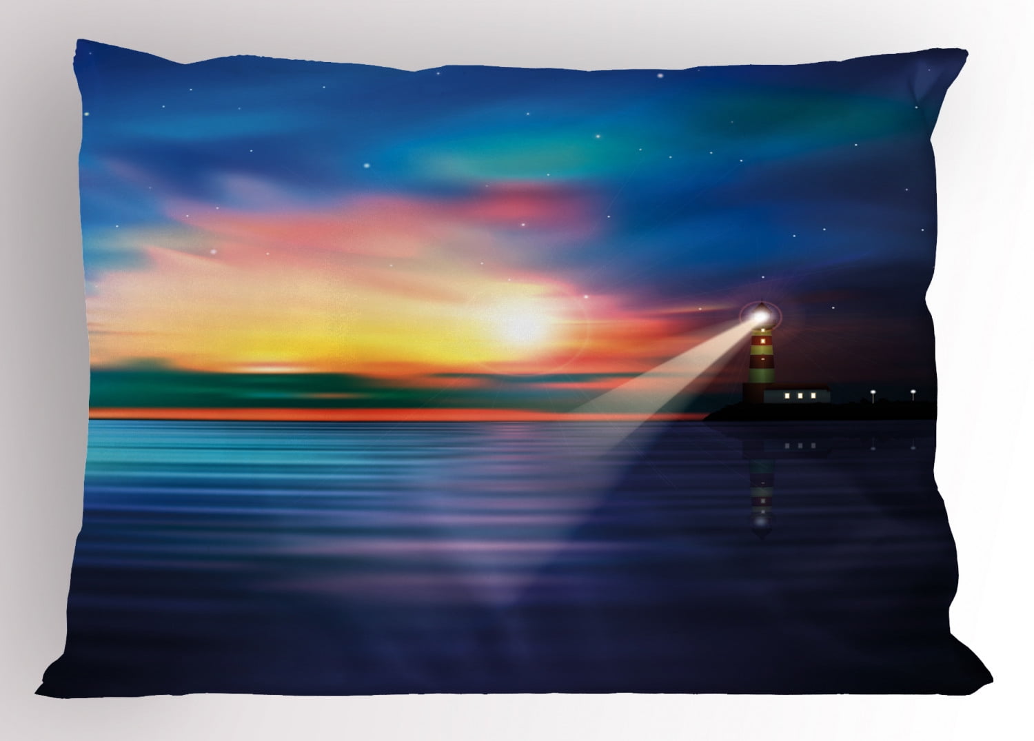 Lighthouse Pillow Sham Majestic Dreamy Sky and Ocean Stars Rising Sun ...