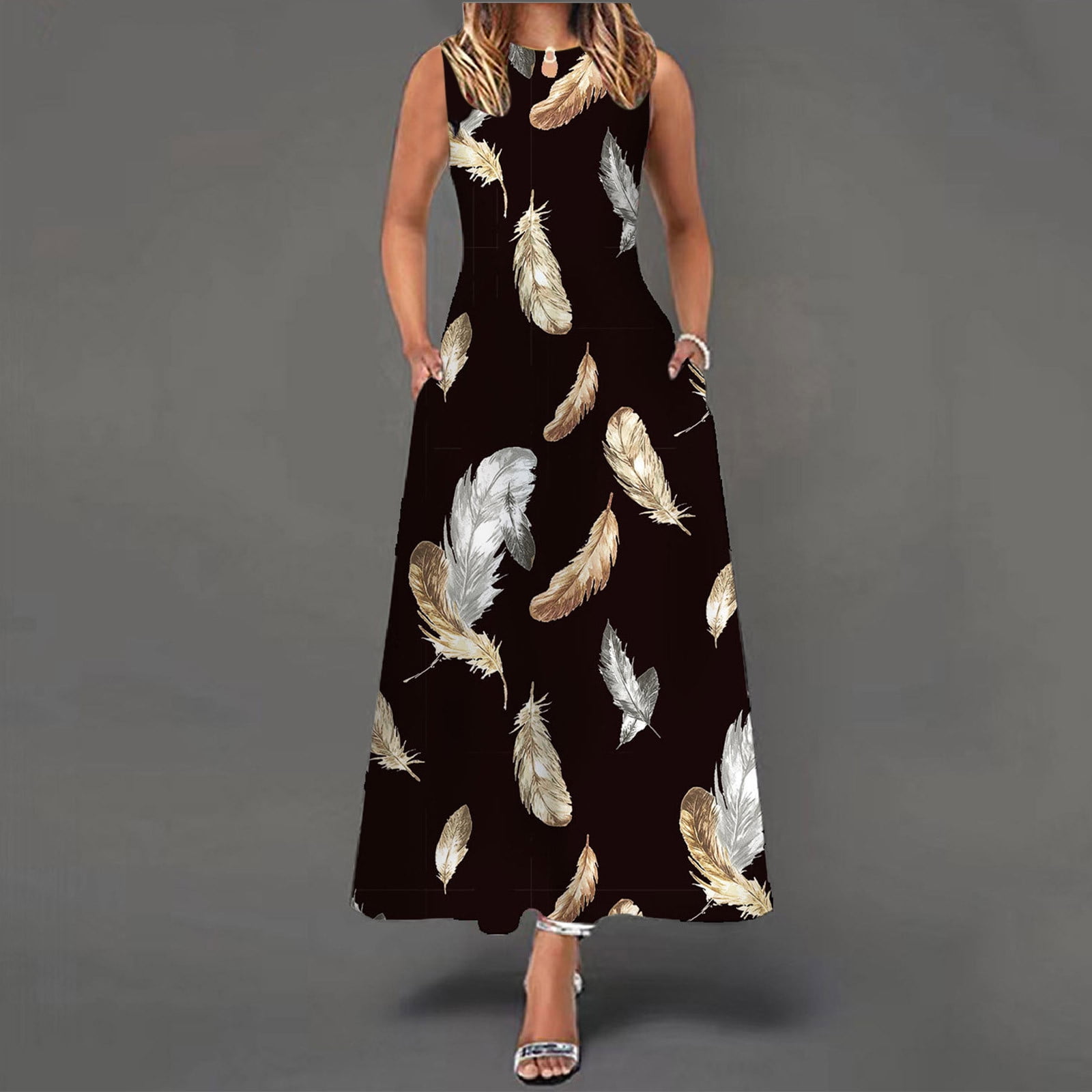 Finelylove Black Floral Dresses Sexy Dresses A-line High-Low Sleeveless ...