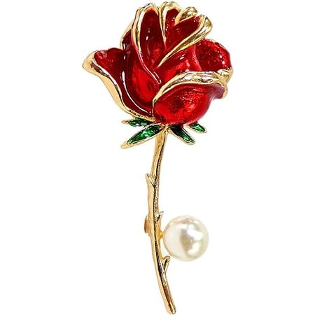 red rose pin brooch made in a red enamel and a white pearl set onto the ...