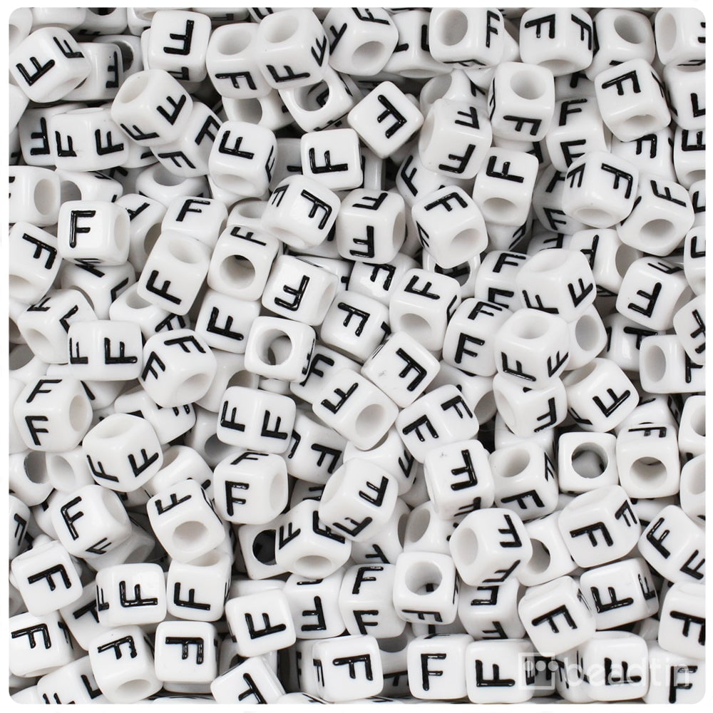 BeadTin White Opaque 6mm Cube Plastic Alpha Beads - Black Letter F ...