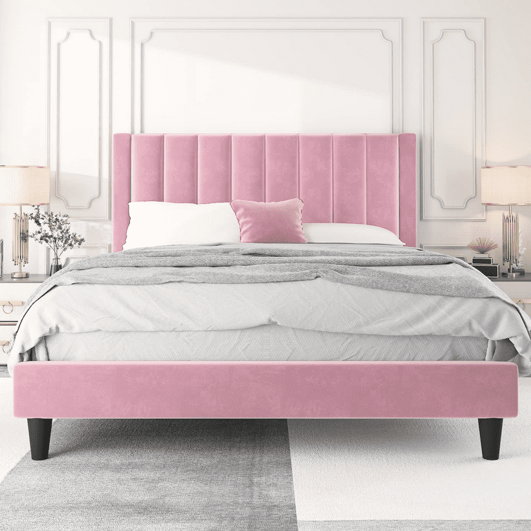 Einfach Queen Size Platform Bed Frame with Velvet Vertical Headboard Pink