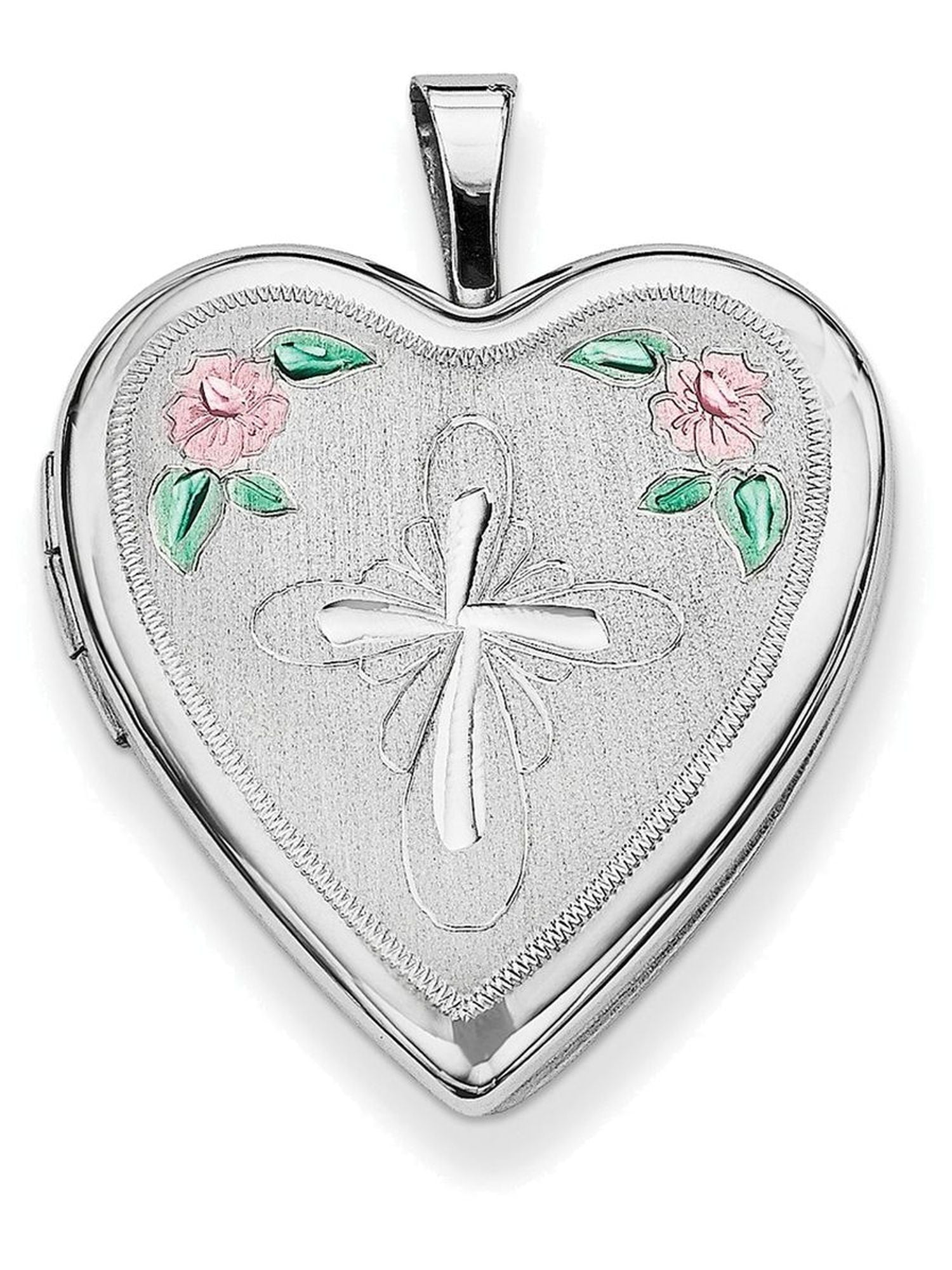 Sterling Silver 20mm Enameled Flower and Cross Heart Locket - Walmart.com