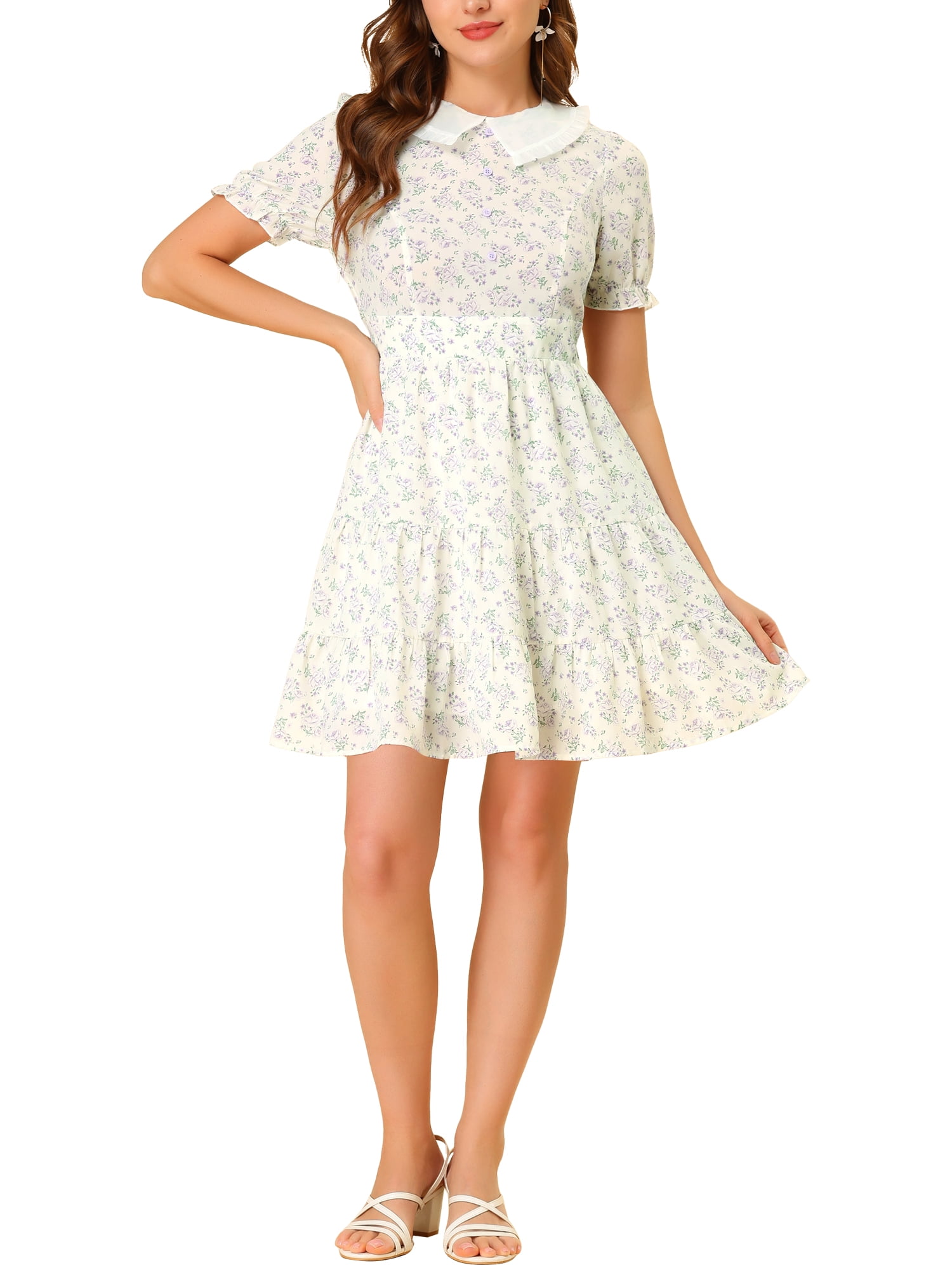 Allegra K Women's Fit and Flare Peter Pan Collar Floral Dresses ...