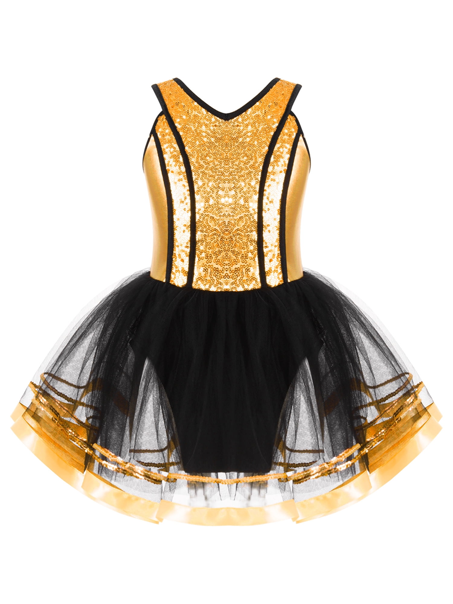 YIZYIF Kids Girls Halter Shiny Sequins Mesh Dance Dress Bronzing Ballet ...