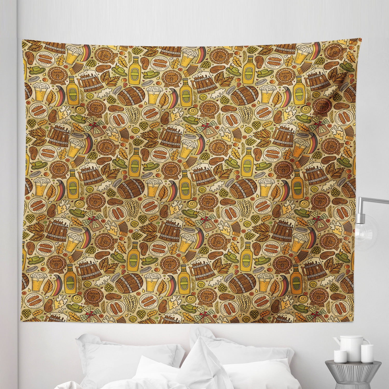 Alcohol Tapestry, Hand-Drawn Cartoon Oktoberfest Elements with Beer ...