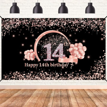 14th Birthday Banner Backdrop Decorations for Girls, Rose Gold Happy 14 ...