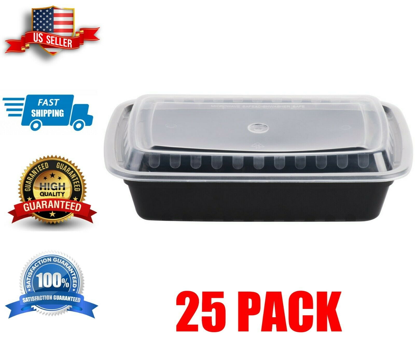 25 Pack | 28 oz. | Container with Lid | Black Rectangular Microwavable ...