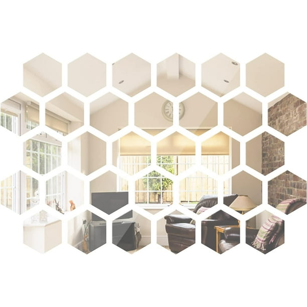 24 Pieces Removable Acrylic Mirror Setting Wall Sticker Decal Hexagons ...
