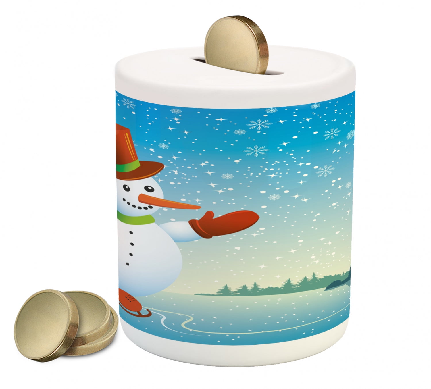 Snowman Piggy Bank, Cartoon Happy Character Skating on Icy River Forest ...