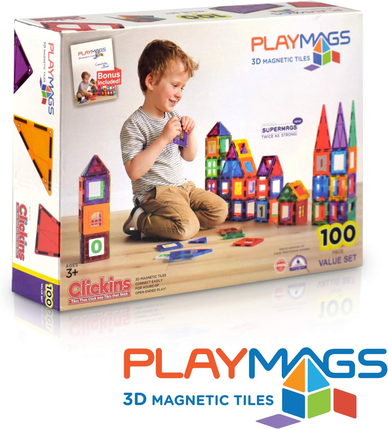 Buy Playmags 100-Piece Magnetic Tiles Building Blocks Set, 3D Magnet Tiles for Kids Boys Girls ...