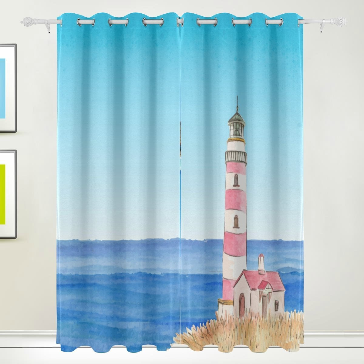 POPCreation Pink Striped Lighthouse And Sea Window Curtain Blackout ...