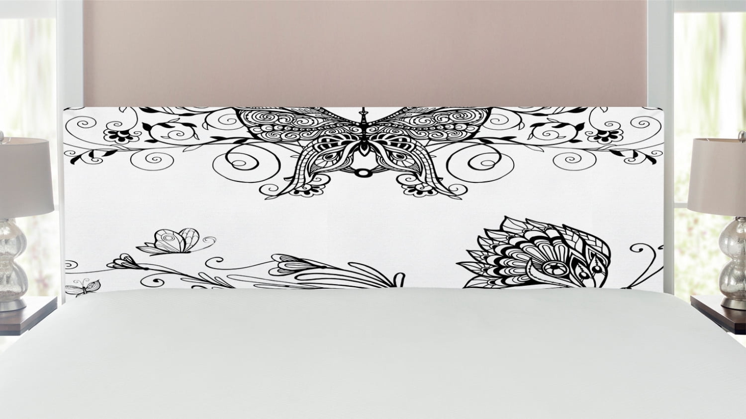 Black and White Headboard, Butterfly with Floral Mandala Pattern ...