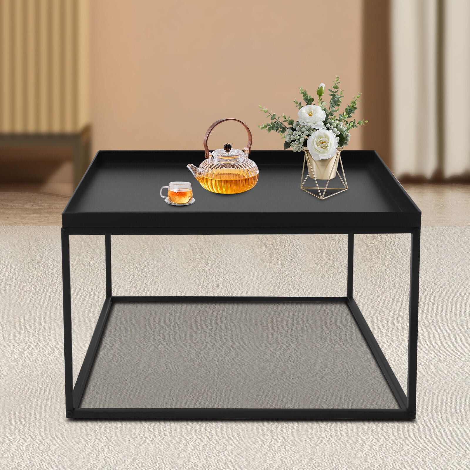 59cm Metal Square Coffee Table Matt Black End Table Side Table for ...