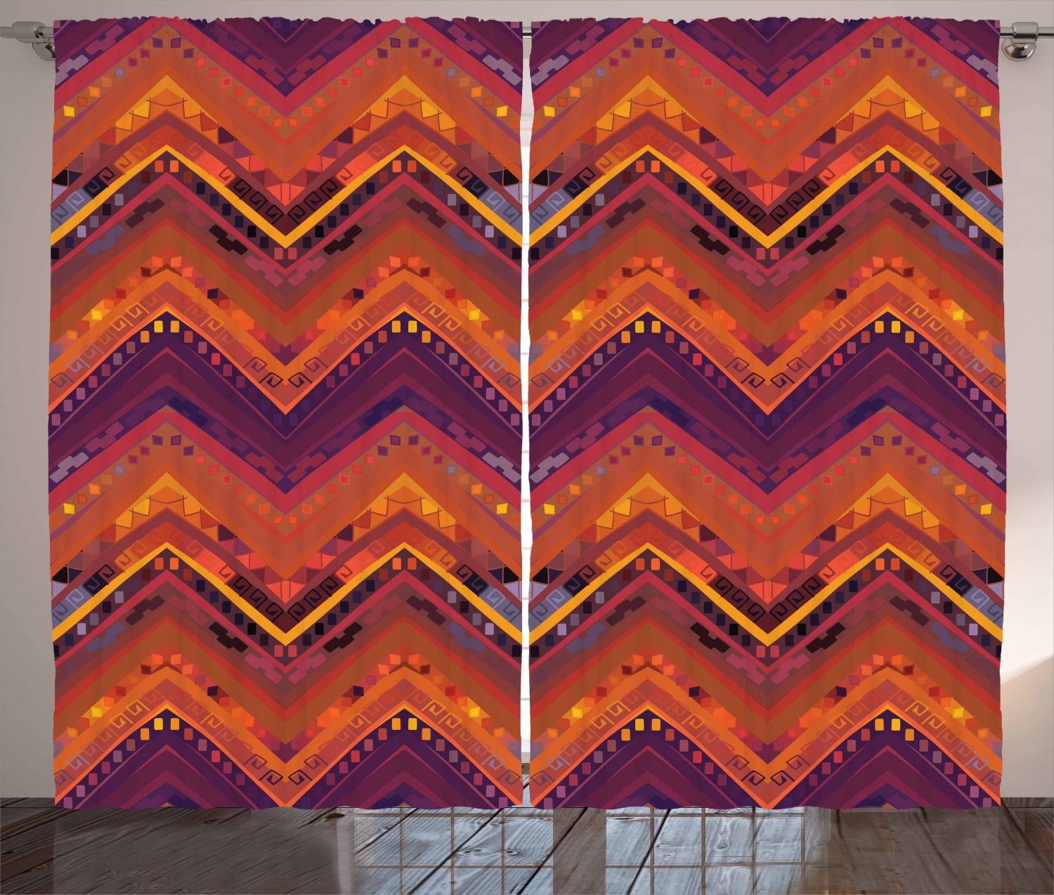 Tribal Curtains 2 Panels Set, Native Ornament with Zig Zag Motif ...