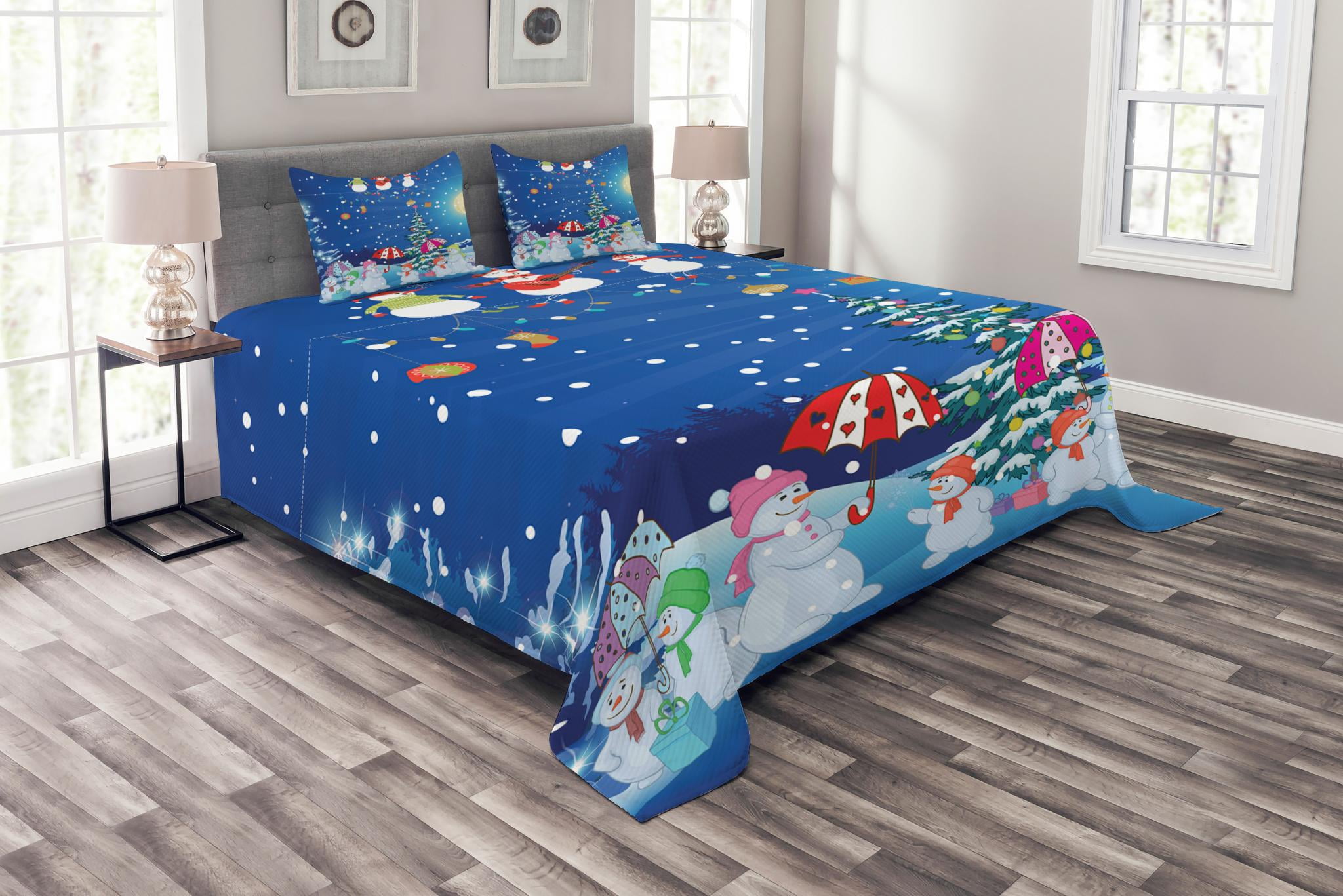 Christmas Bedspread Set Queen Size, Festive Jolly Snowman Party Winter ...