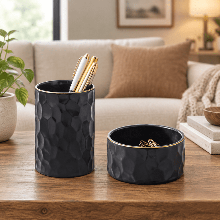 Black Set Ceramic Desk Organizer Set of 2, Pen Holder and Paper Clip ...
