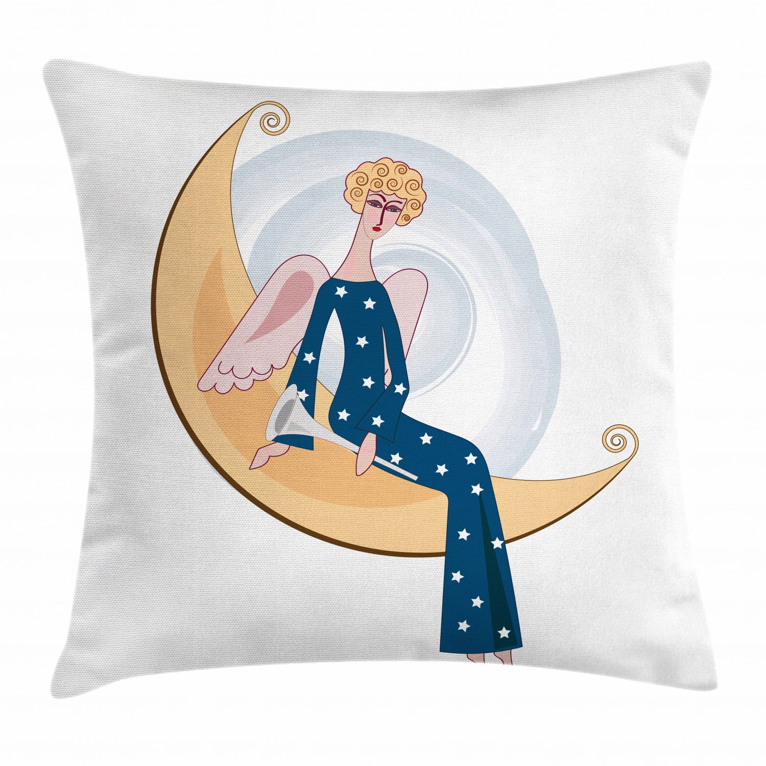 Angel Wings Throw Pillow Cushion Cover, Archaic Woman with Trumpet ...