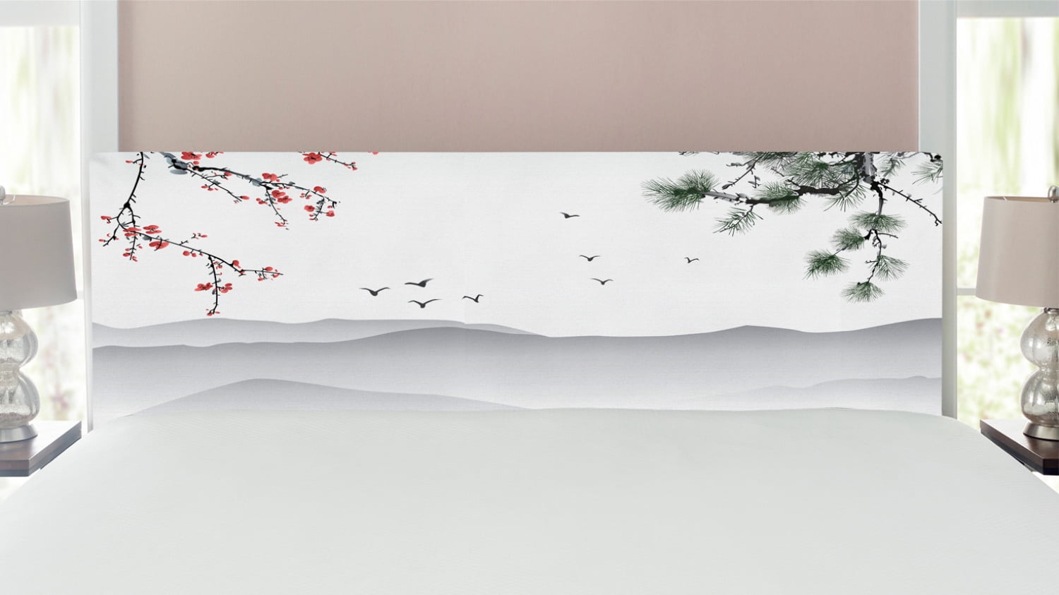 Floral Headboard, Chinese Painting Style Art Tree Branches Birds ...