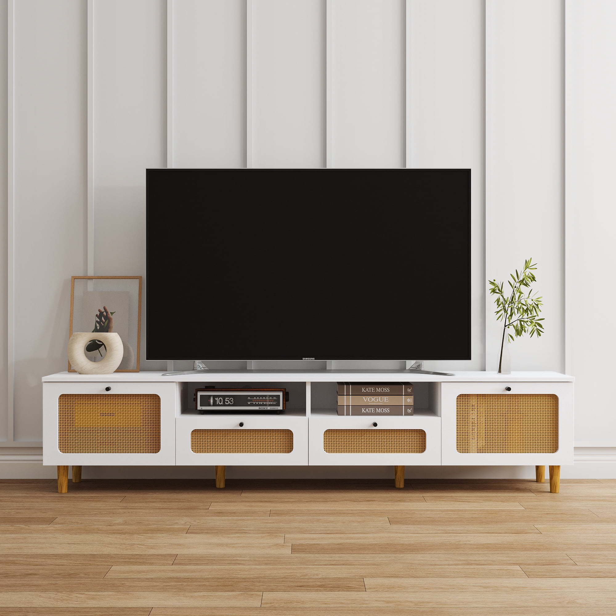 Farmhouse Rattan TV Stand Modern Wood Media Entertainment Center ...