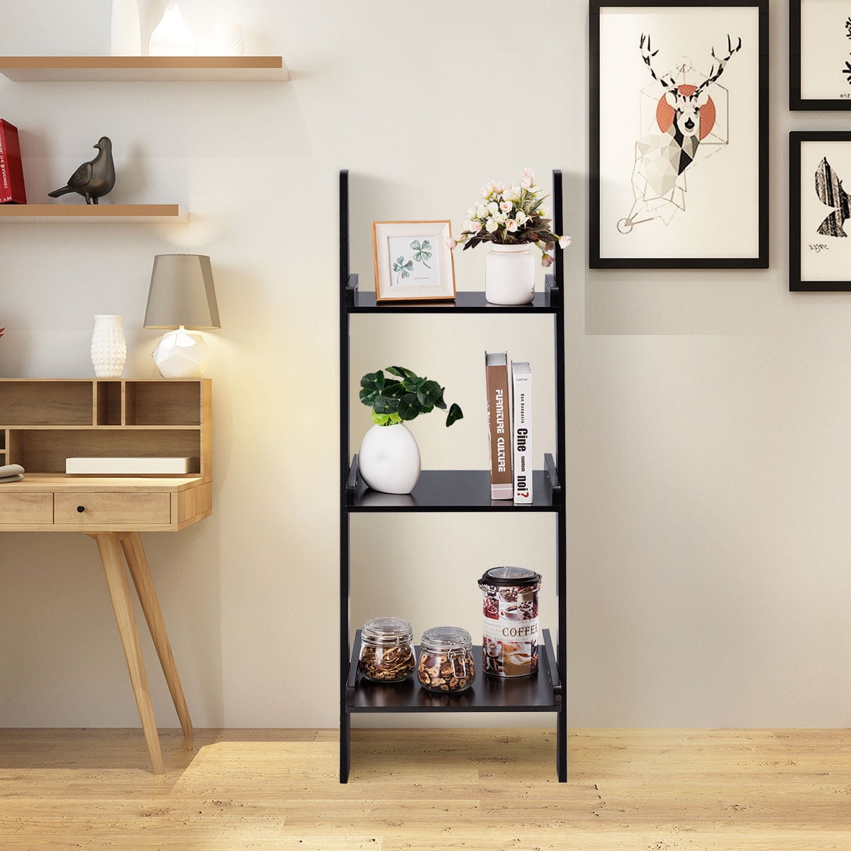 3 Tier Leaning Rack Wall Ladder Book Shelf Bookcase Storage Display ...