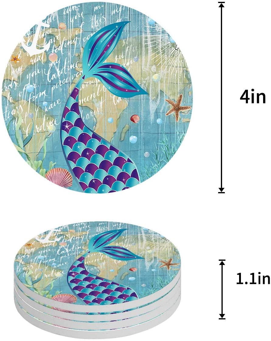 FMSHPON Mermaid Set of 4 Round Coaster for Drinks, Absorbent Ceramic ...