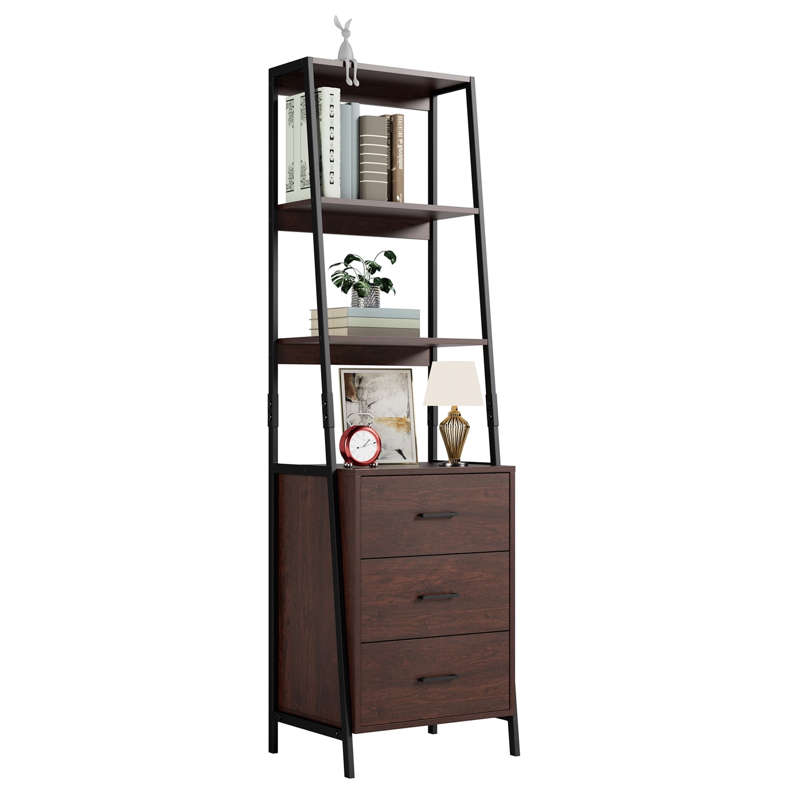 Homfa Trapezoidal Bookshelf, 3-Tier Open Storage Shelves with 3 Drawers ...