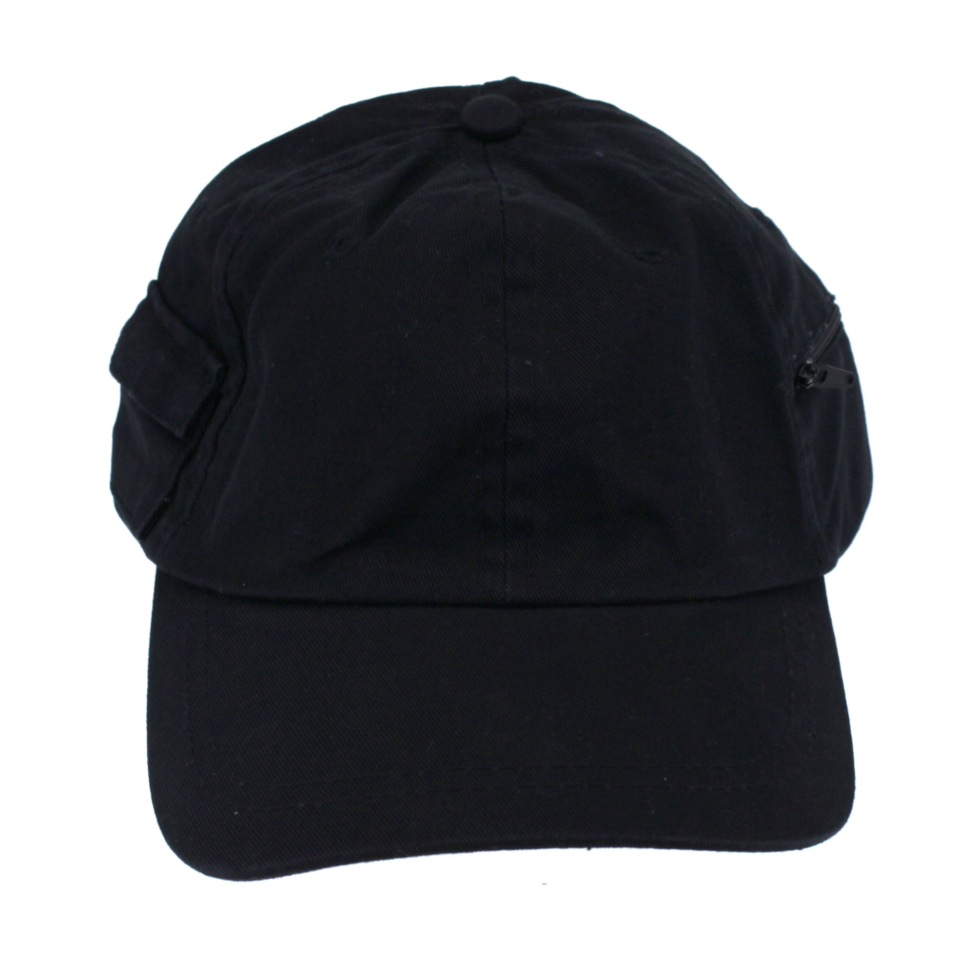Mens Low Crown Cap w/ Zipper & Hook and Loop Side Pockets Black ...