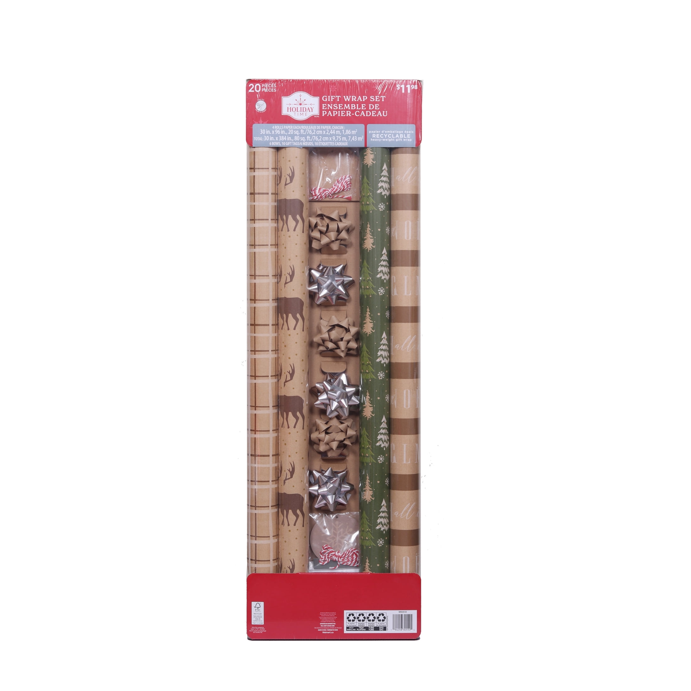 Holiday Time Green and Brown Christmas Wrapping Paper Kit, 4 Rolls, 20 ...