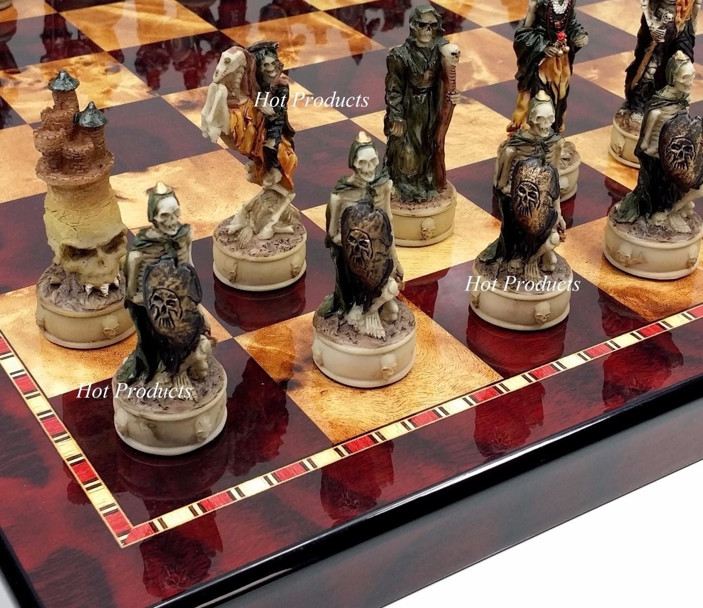 Skeleton Slayer Fantasy Gothic Skull Chess Pieces Set W/ 18" Cherry ...