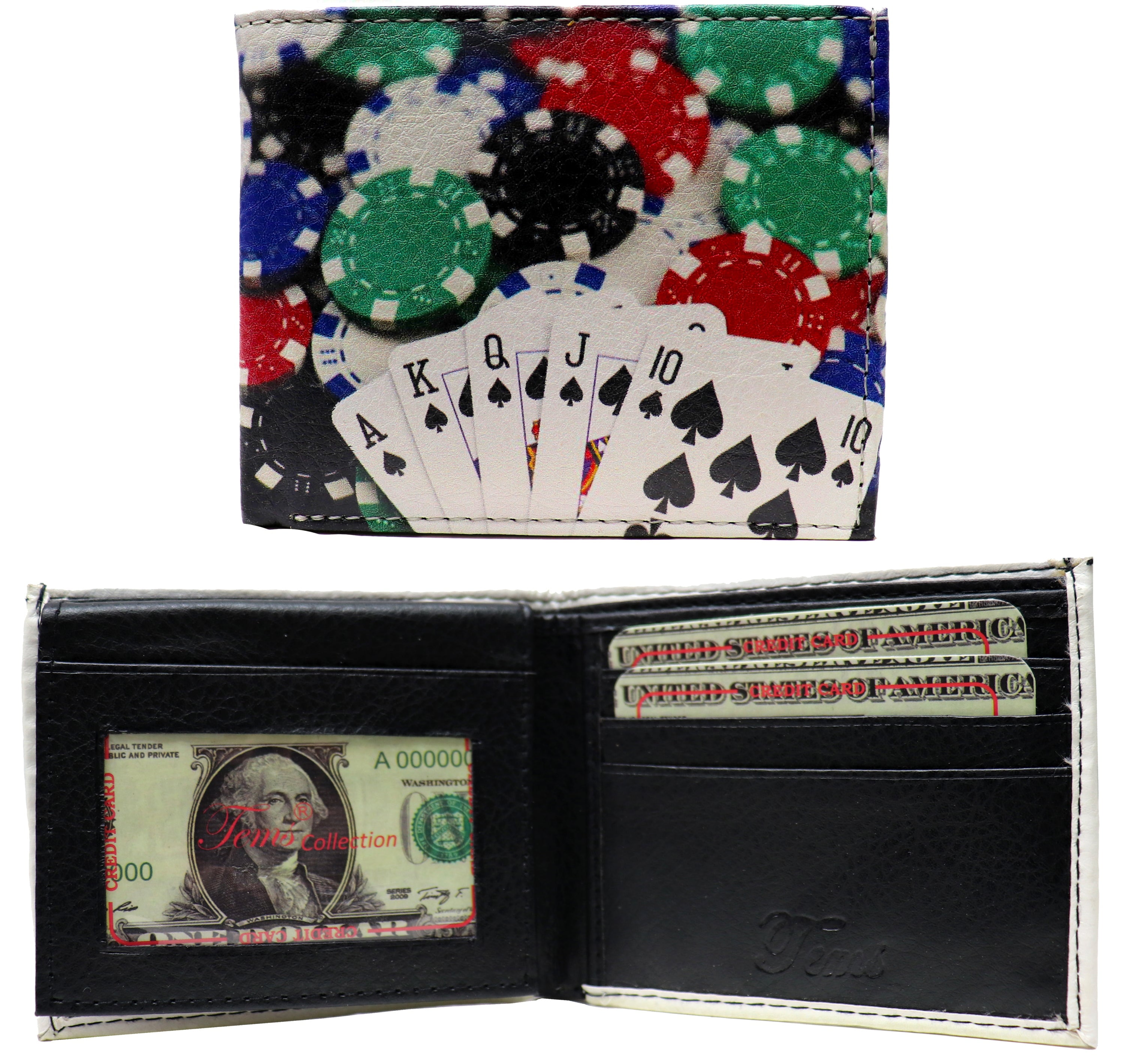 Poker Chips Royal Flush Las Vegas Leather Bi-Fold Bifold Wallet ...
