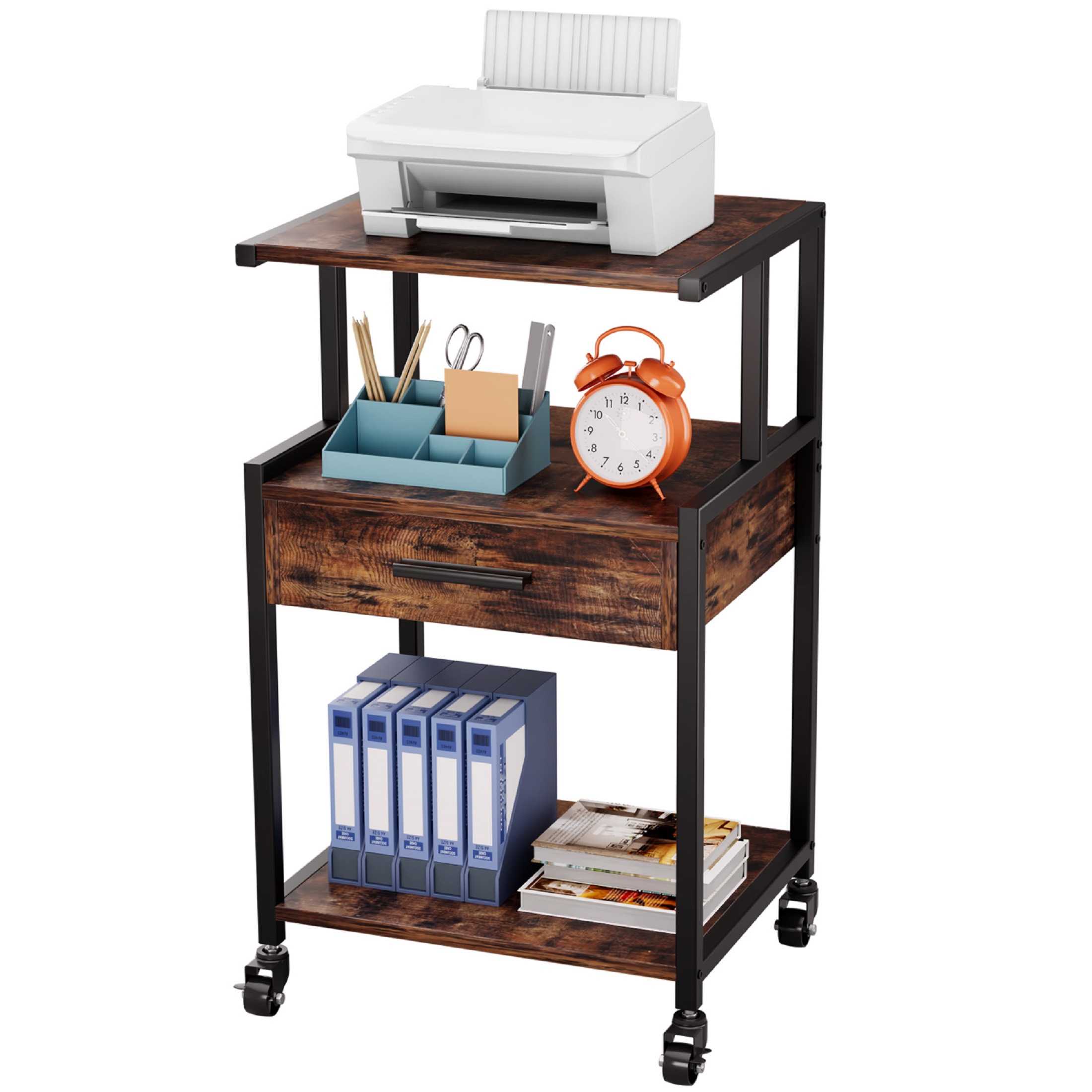 MASTLU 3-Tier Printer Stand with Open Shelves Drawers, Lockable Casters ...