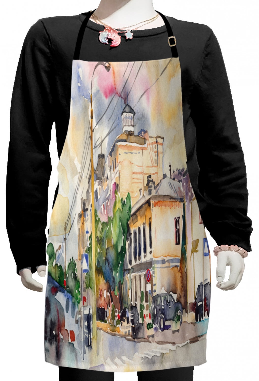 Urban Kids Apron, Watercolor Painting of a City Street with Buildings ...