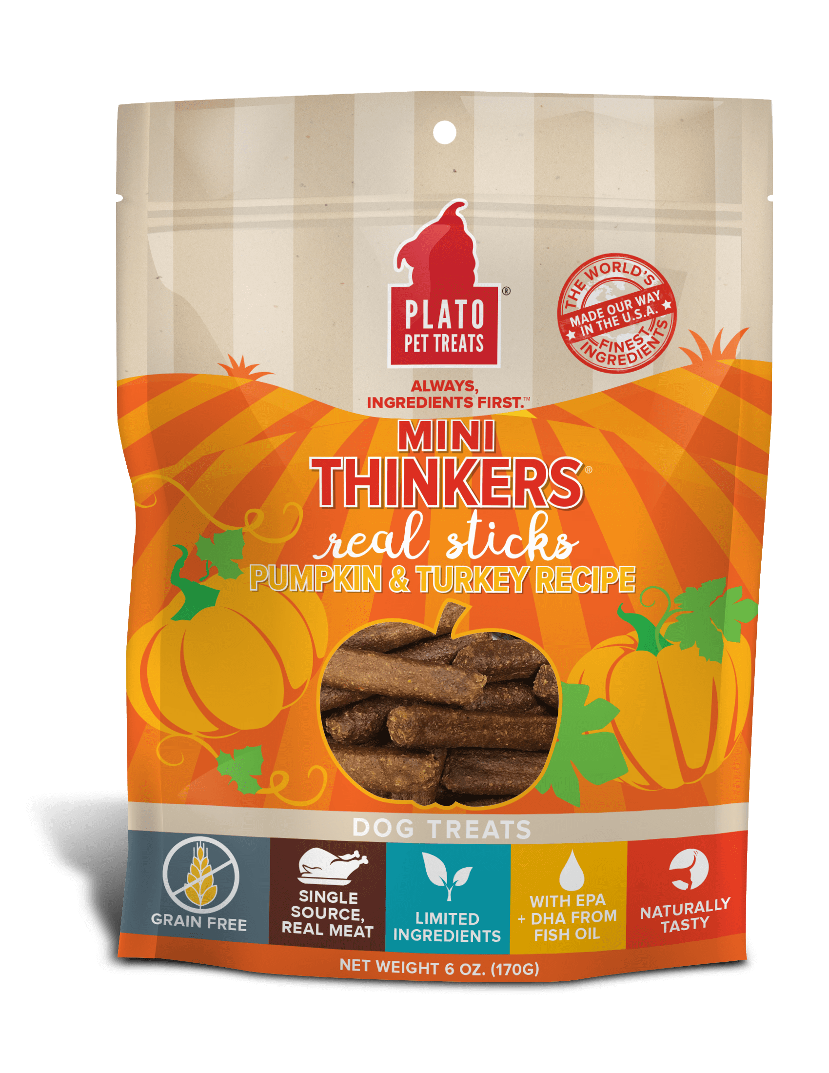 Plato Mini Thinkers Pumpkin & Turkey Grain-Free Dog Treats, 6 Oz ...