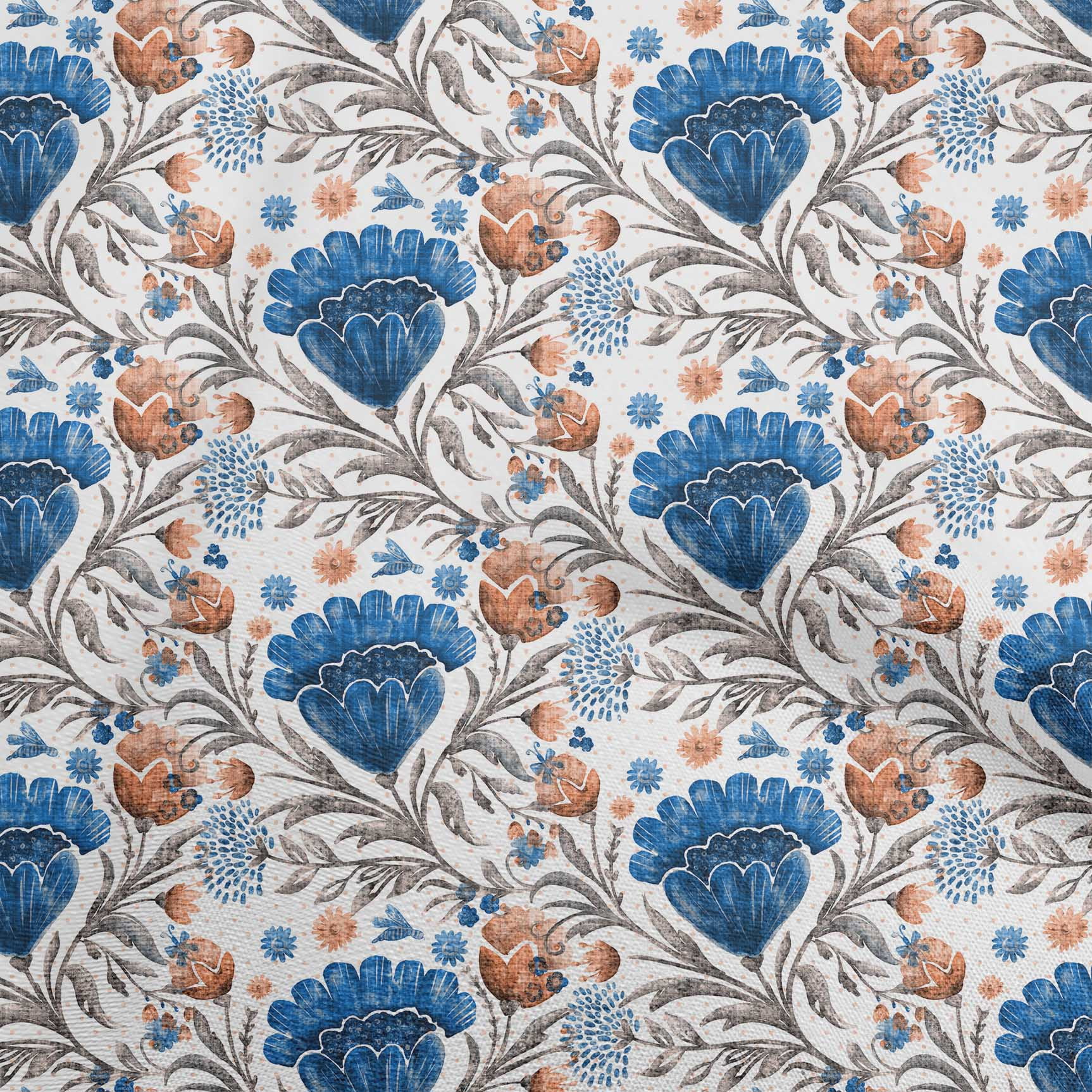 oneOone Silk Tabby Royal Blue Fabric Asian Floral Sewing Fabric By The ...