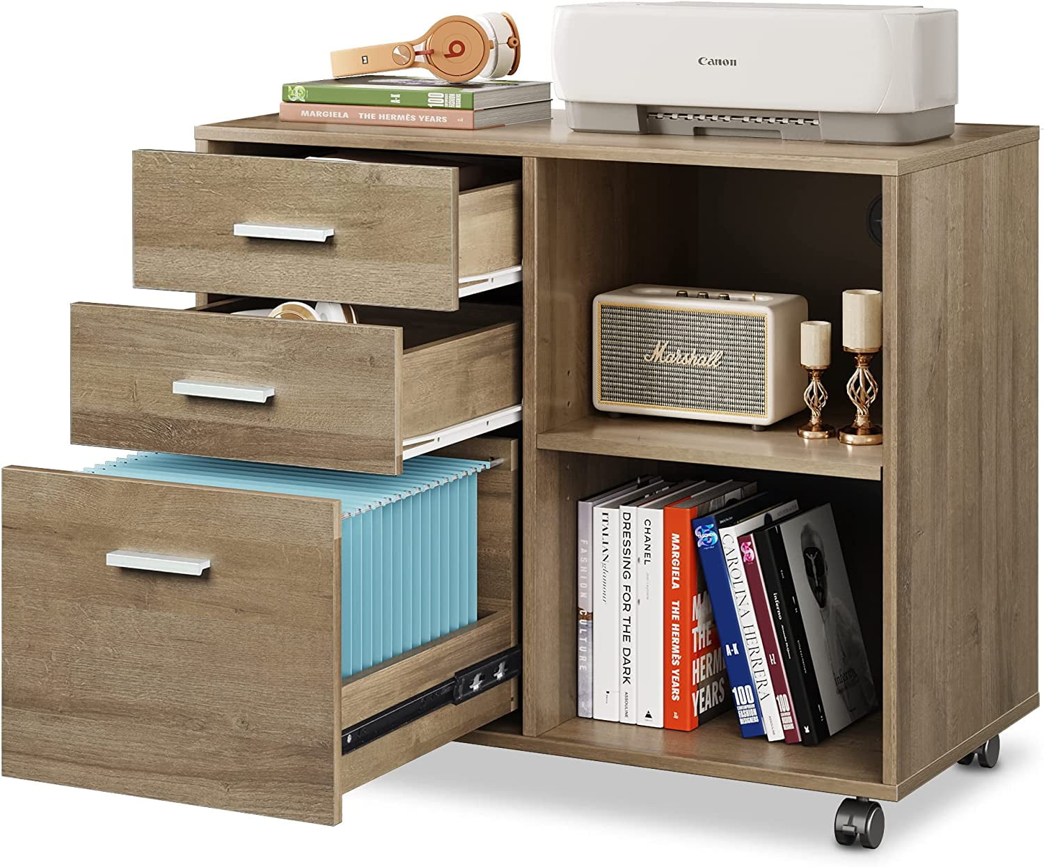 AngLink 3-Drawer Wood File Cabinet, Mobile Lateral Filing Cabinet ...