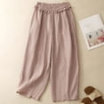ATOYSOY Ruffled Waist Solid Color Cropped Linen Pants Women Elastic ...