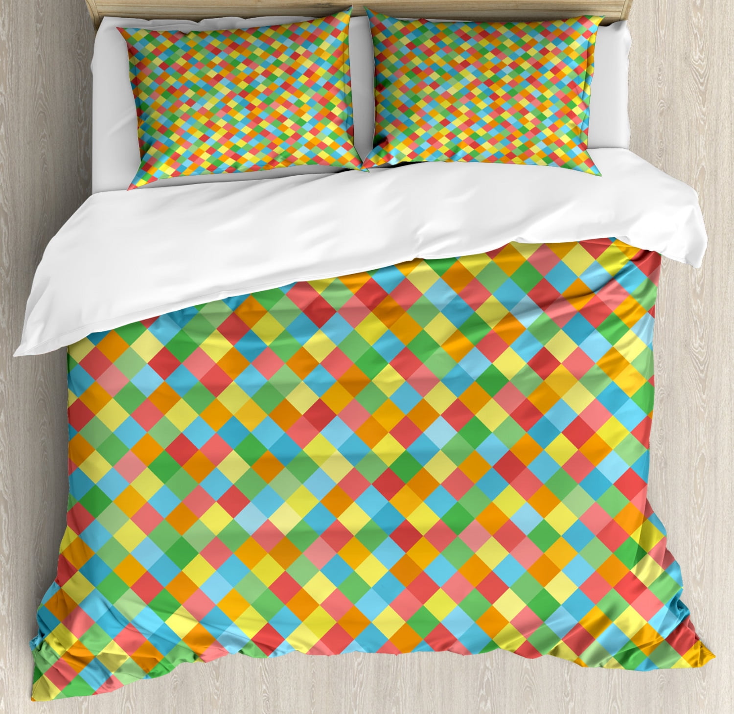 Grid Queen Size Duvet Cover Set, Mosaic Tile Inspired Colorful ...