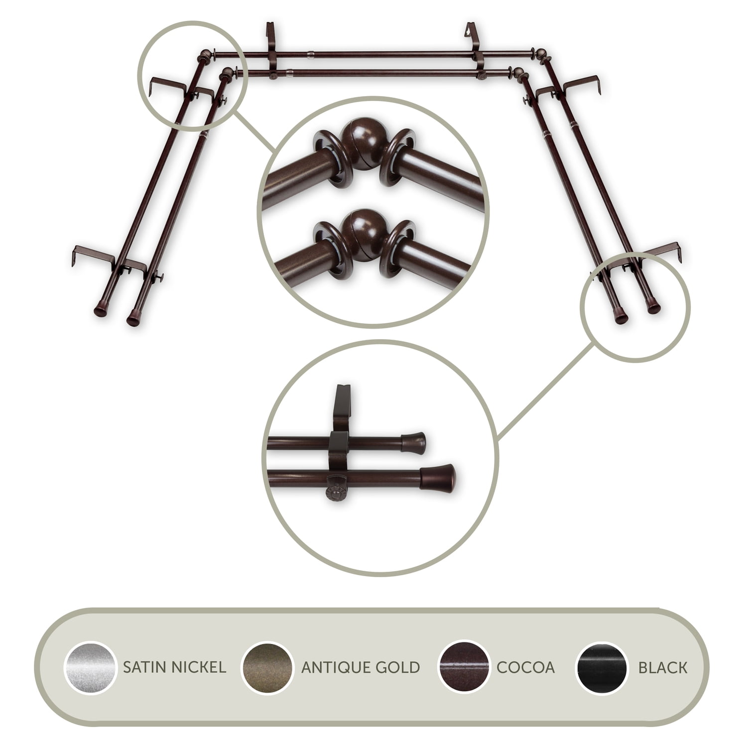 5/8" Dia Bay Window Double Curtain rod, Adjustable 20"-36", 38"-72 ...