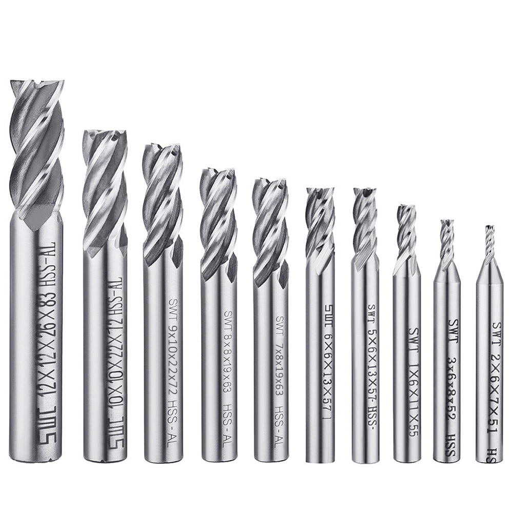 AFUNTA 10 Pcs 4-Flute End Mill Bits, 0.08" - 0.47" HSS CNC Straight ...