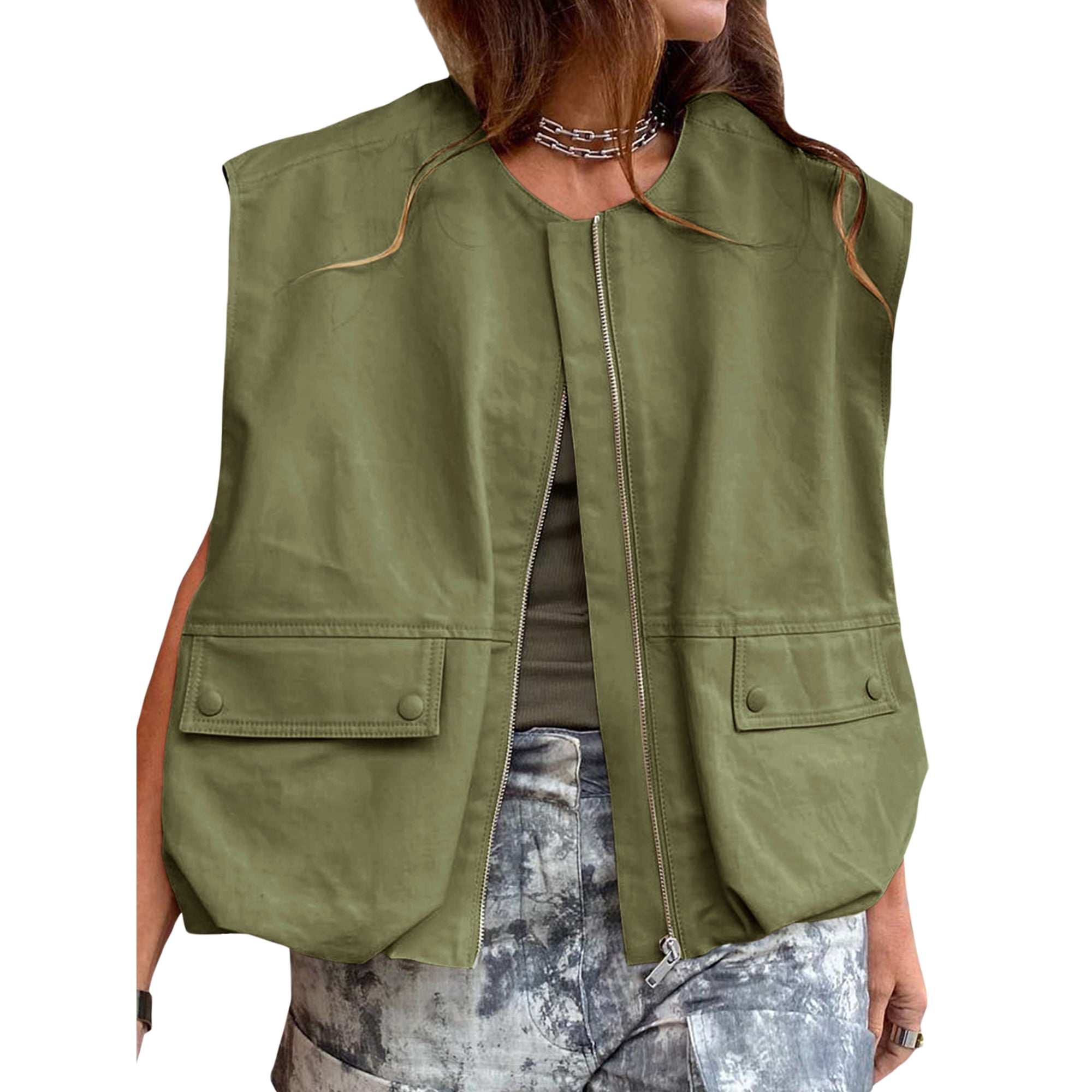 Click here for Gupgi Women Zipper Cargo Vest Sleeveless Solid Col... prices