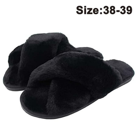 Womens-Slippers-Fuzzy-House-Shoes Indoor Open Toe Cross Band Soft and ...