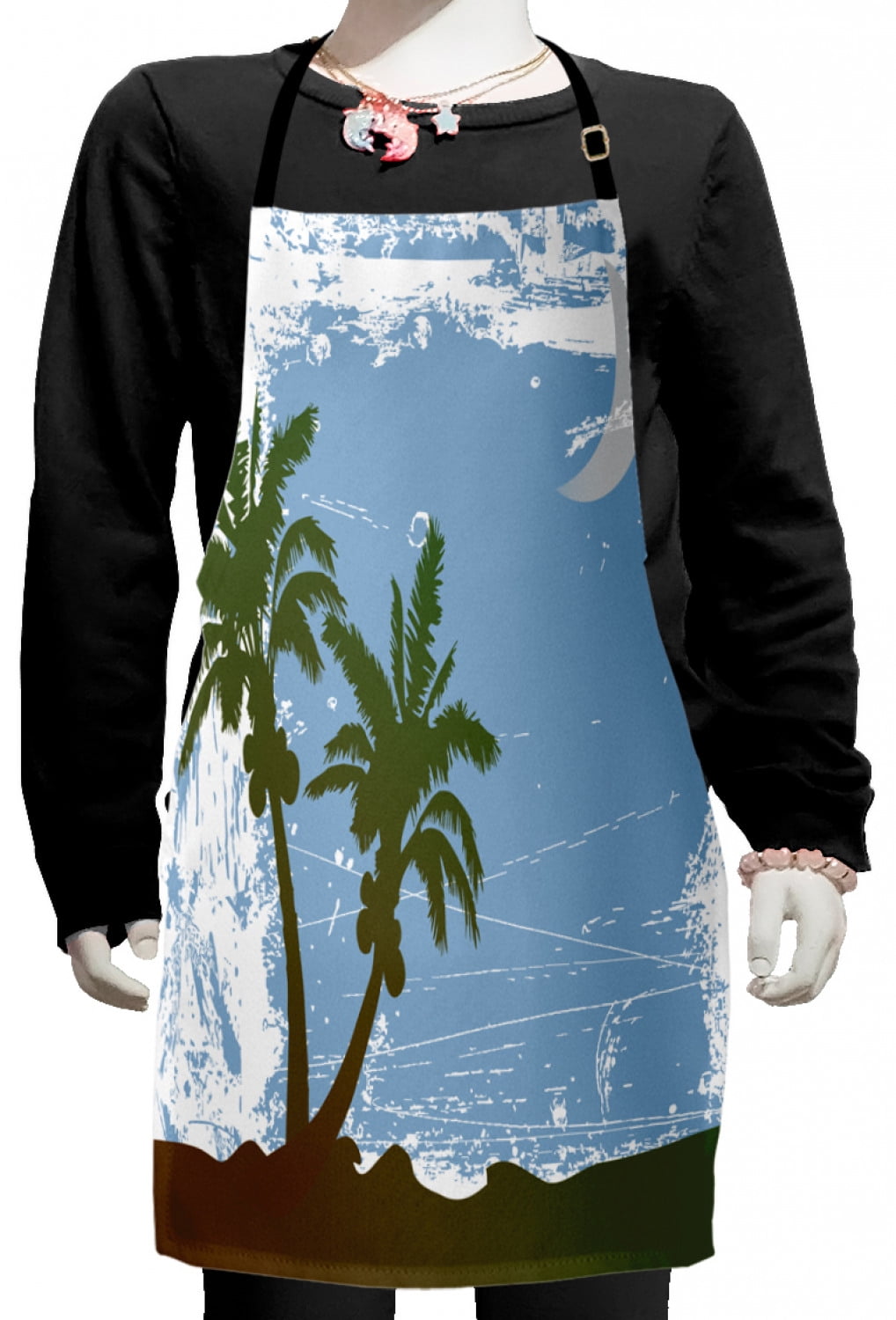 Tropical Kids Apron, Grunge Style Palm Trees Island at Night with ...