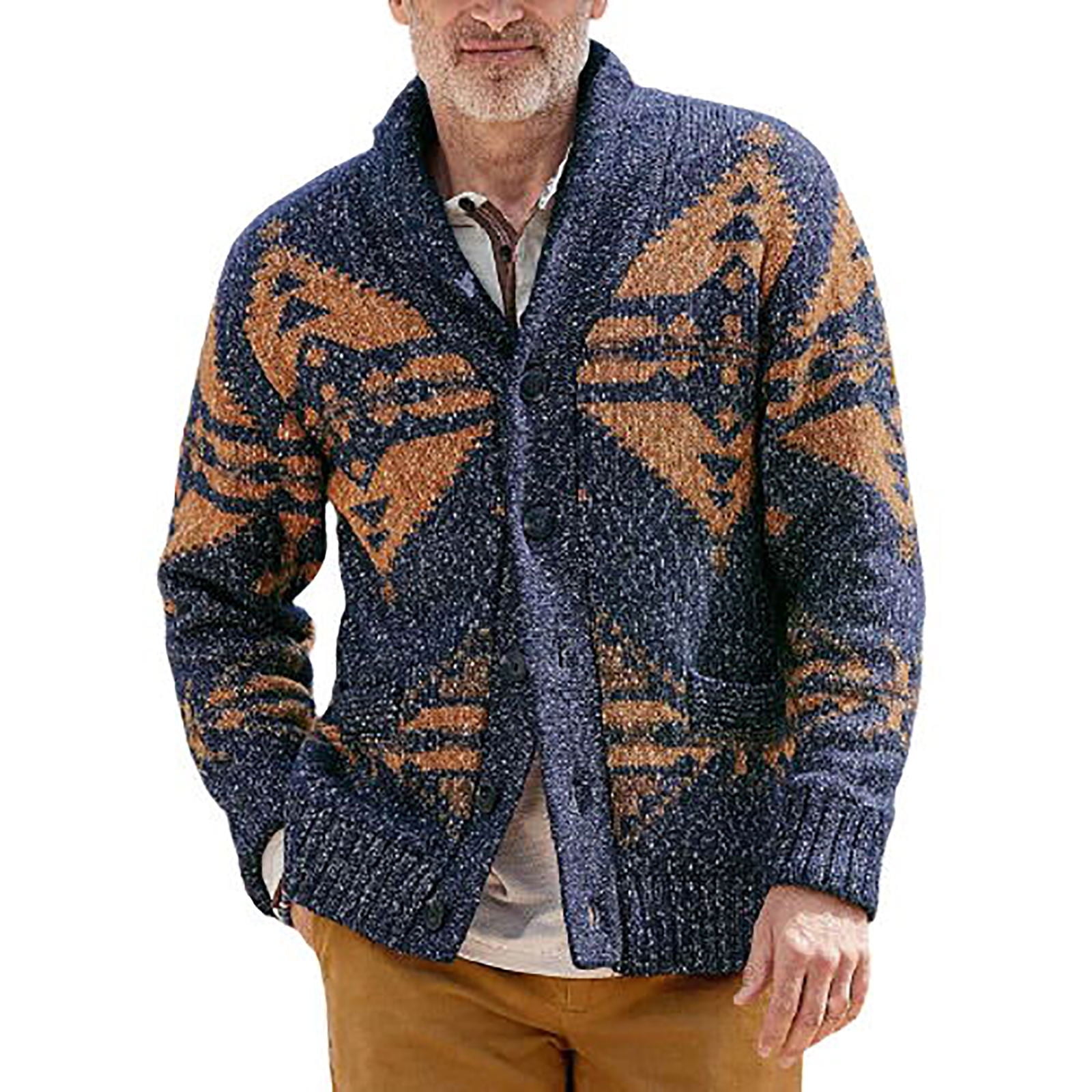 Men's Western Ethnic Aztec Cardigan Sweater Retro Shawl Collar Button ...