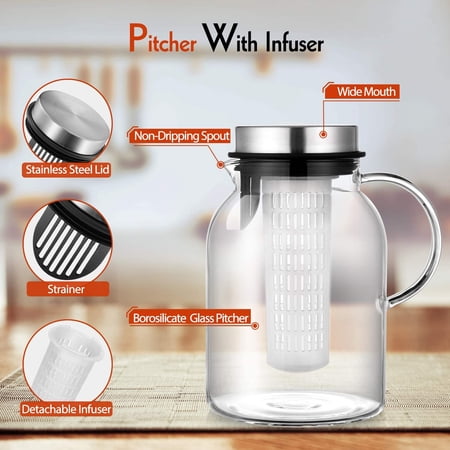 Pitcher, Glass Pitcher, Fruit Infuser Water Pitcher with Removable Lid ...